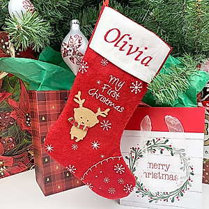 NC Embroideries Babys First Christmas stocking – Reindeer Personalized Baby Gift 2022, Customized Baby’s 1st Name or Initial Embroidered For Boy or Girl, Custom Gifts for Babies or Grandbaby