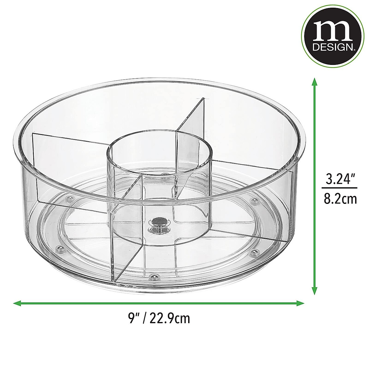 mDesign Lazy Susan Turntable Divided Plastic Spinner for Kitchen Pantry, Fridge, Cupboard, or Counter Organizing, Fully Rotating Organizer for Tea Bags, 9" Round - Lumiere Collection - Clear