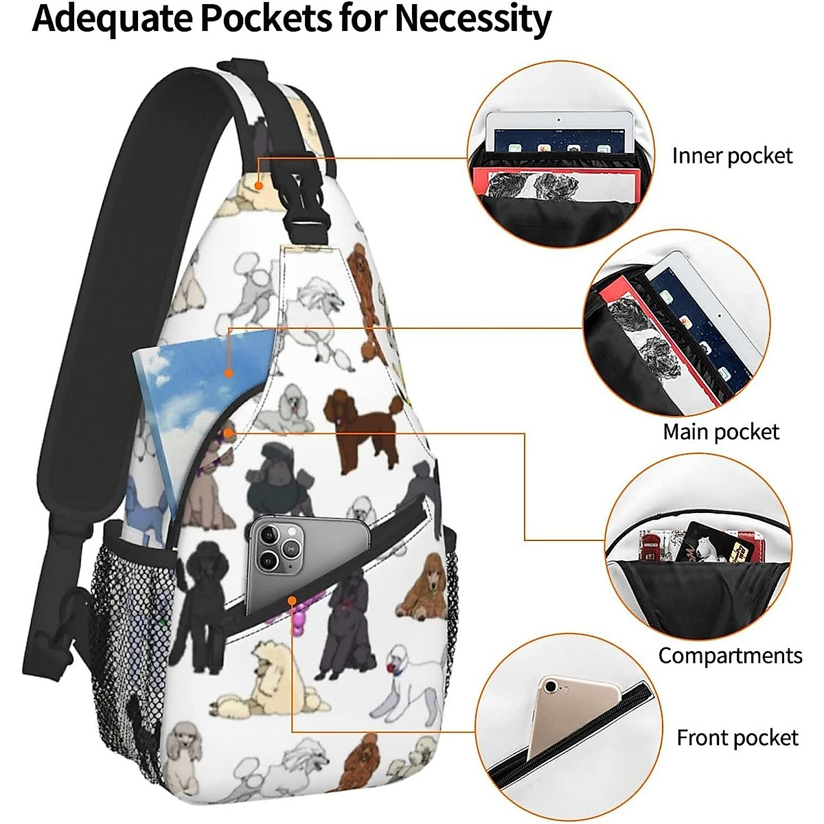 Sling Backpack Fashion Crossbody Shoulder Bags-Poodles White Chest Bag Casual Daypack for Men Women