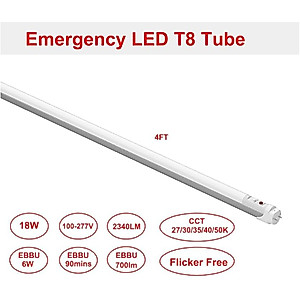 E2 LIGHTING 4ft T8 LED Bulbs, LED Fluorescent Tube Replacement 4ft, T8 LED with Emergency Battery, 5 CCT Tunable 27K-50K, 6W, 120-277V, Ideal for Office and Warehouse-5 Pack