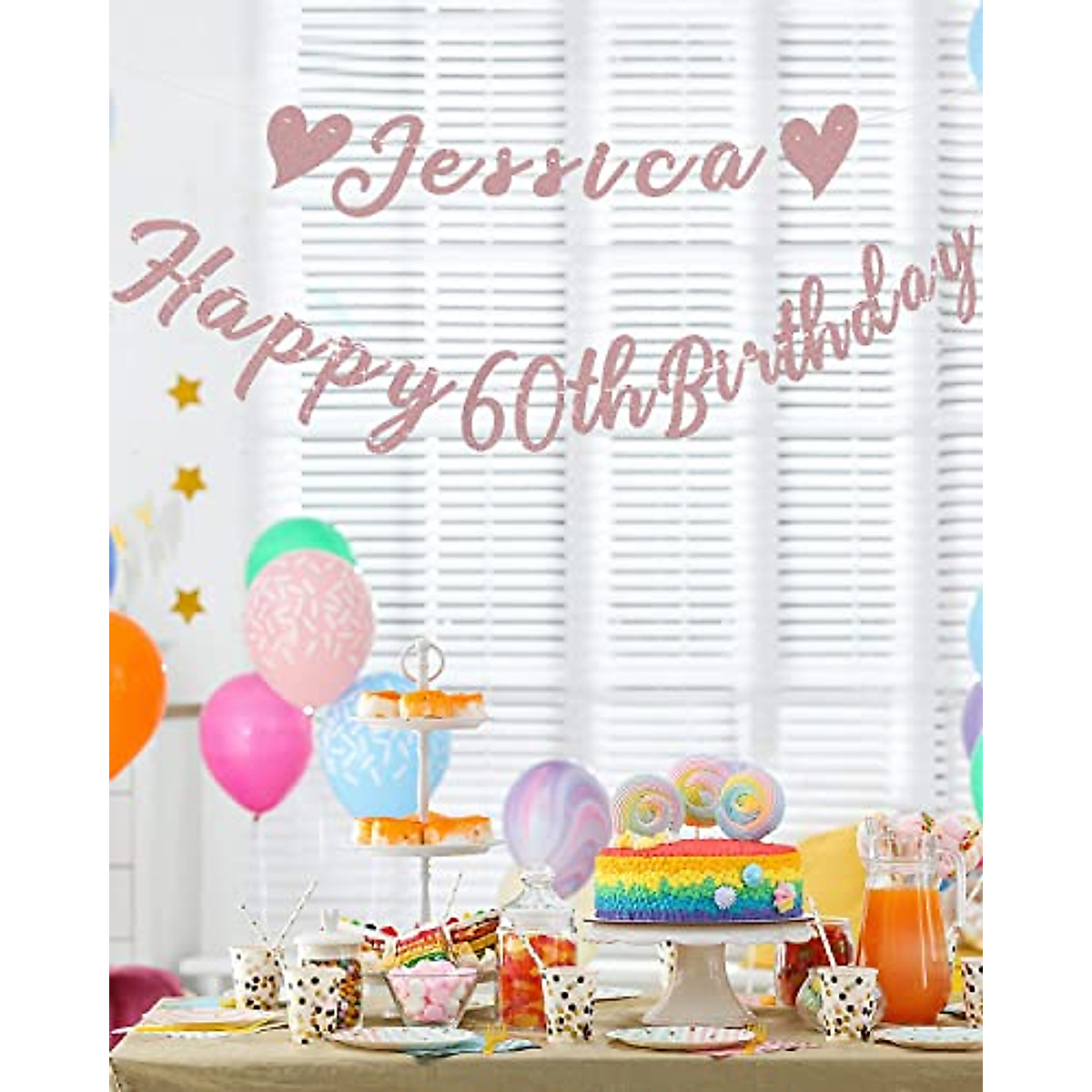 TopBashGo 102 Pcs Personalized Happy 60th Birthday Banner with Custom Name in Rose Gold Script, Bday Party Decorations Supplies Reusable Signs for Women