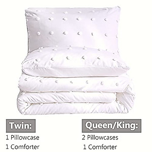 Paxrac Tuffed White Comforter Set King Size(104x90 inches), 3 Pieces- Soft Cotton Lightweight Comforter with 2 Pillowcases, Chenille Dots All Season Down Alternative Comforter Set for Bedding