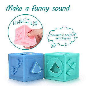Nueplay Baby Blocks Toys Early Learning Building Blocks Ball Set Teethers Babies Bath Toys Squeeze Play with Numbers Shapes Animals Fruit and Textures Toy for 6 Months & Up Toddlers-16 PCS