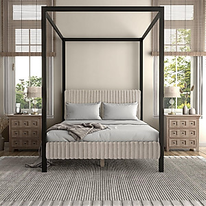 HOMES: Inside + Out Evadne Modern Canopy Bed Frame Queen Size with Channel Upholstered Headboard and Wooden Slats Support for Bedroom, Guest Room, No Box Spring Needed, Light Brown