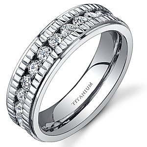 PEORA Women's Titanium Eternity Ring, Cubic Zirconia Wedding Anniversary Band, Custom Notched Design, 6mm, Size 6