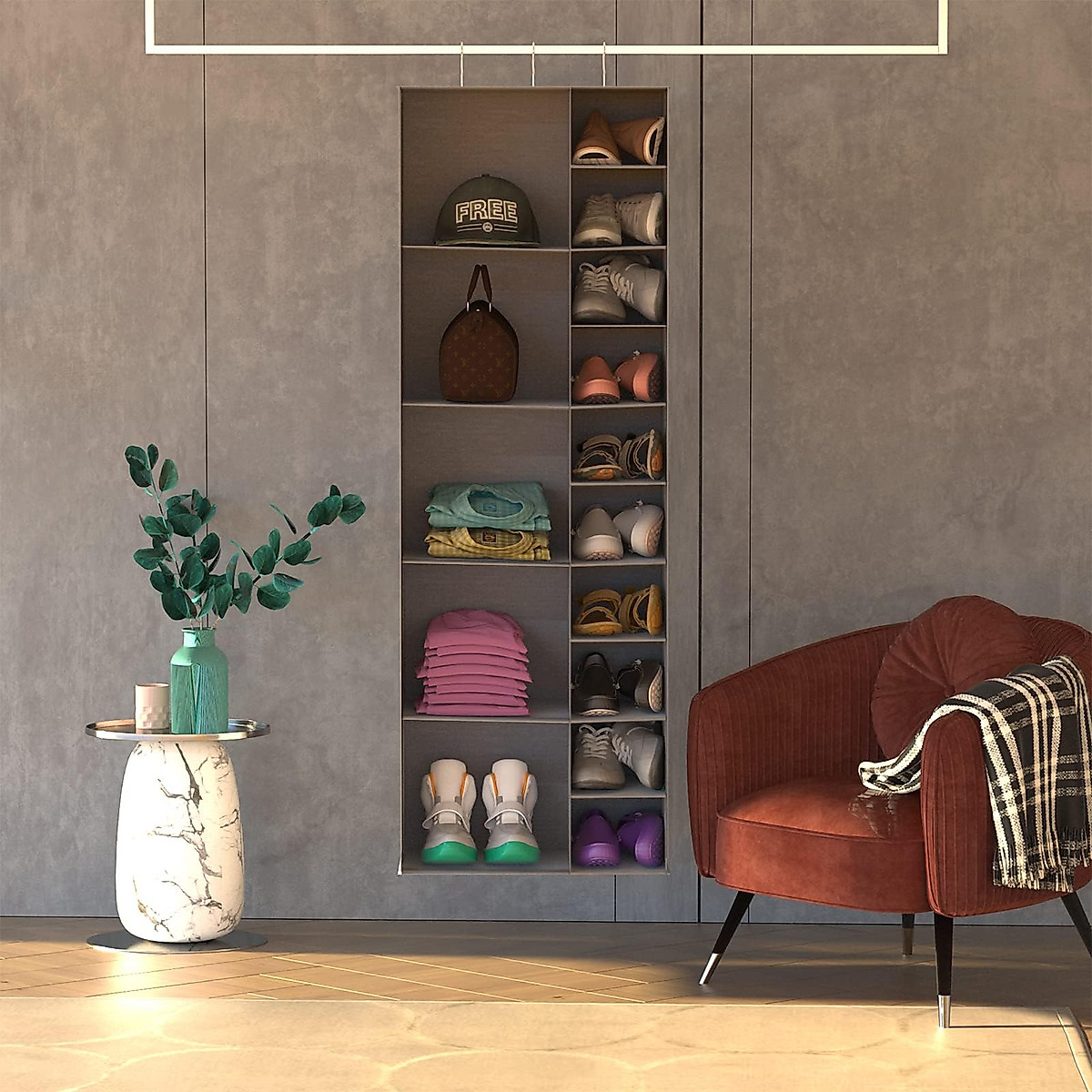 coastal rose Hanging Shoe Closet Storage Organizer, 15 Sections Closet Organizers and Storage Shelves Shoe Rack Holder Hanger, Grey