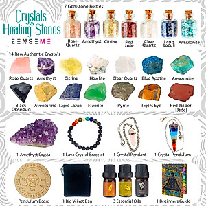 Crystals and Healing Stones Set 31Pcs - Healing Crystals & Stones - 14 Real Raw Chakra Rocks, 7 Gemstones Bottles, 3 Essential Oils,Pendant Necklace, Pendulum Board, Amethyst Cluster, Bracelet & Guide