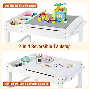 Costzon Kids Table, 3 in 1 Wood Building Block Desk w/Storage, Paper Roll, Reversible Tabletop for Toddler Arts, Crafts, Drawing, Reading, Playing, Gift for Boys Girls, Activity Table (White)