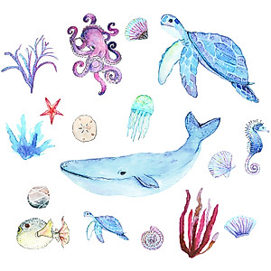 Marspark Under the Sea Wall Decals 3 Sheets Sea Turtle Wall Stickers Ocean Animal Wall Art Decals Underwater Ocean Grass Colorful Seaweed Decals Bubbles Vinyl Wall Sticker for Bedroom Living Room Home