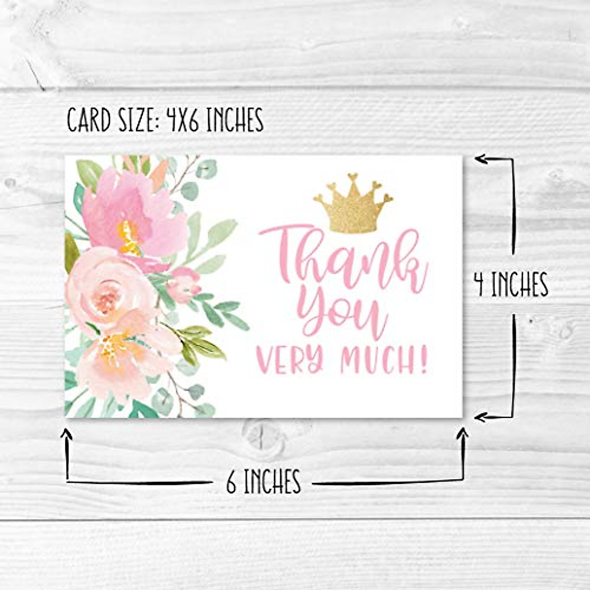 24 Floral Princess Baby Shower Thank You Cards With Envelopes, Kids Thank-You Note, 4x6 Gratitude Card Gift For Guest Pack For Party, Birthday for Girl Children, Cute Pink Royal Queen Event Stationery