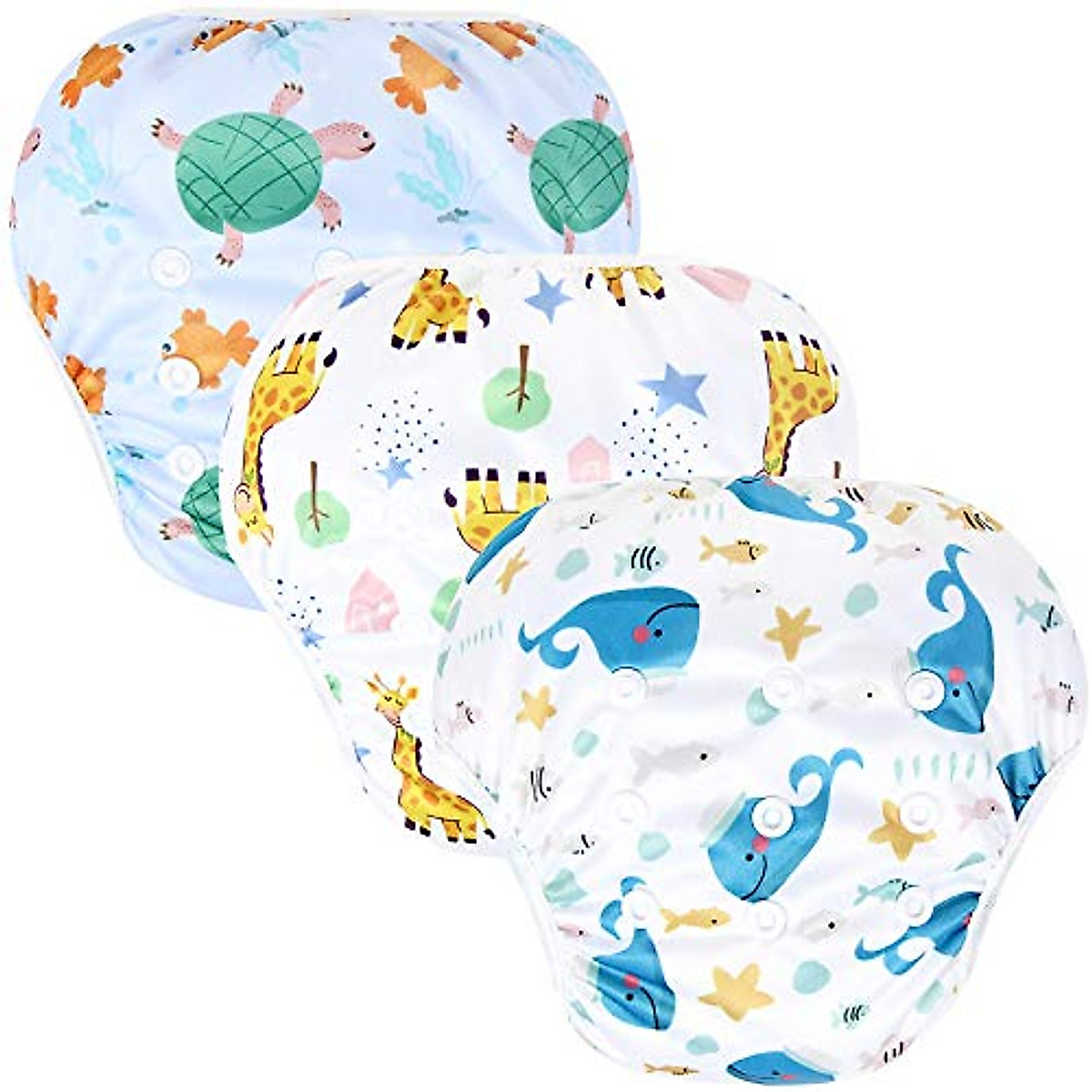 Leekalos One Size Adjustable Reusable Swim Diaper Boys & Girls, Swim Diapers for Baby Shower Gifts & Swimming Lessons, Pack of 3 (Fish, Giraffe, Whale, Large)