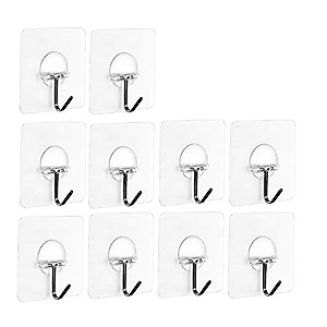 JOEONE Sticky Wall Hooks (Max: 15LB) - Powerful No Scratch Nail Free Transparent Reusable Wall Hooks for Towel Bathrobe Hats Clothes, Kitchen and Bathroom - Waterproof and Oilproof (10 Pack)