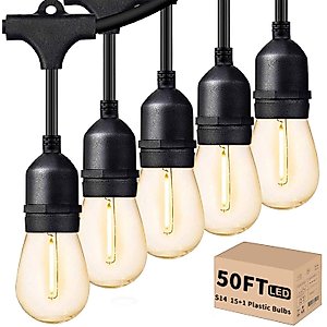 Svater Outdoor Led String Lights 50FT, Patio Lights with 16pcs S14 Shatterproof Bulbs, 1 Watt E26 Dimmable 2700K Warm White, IP65 Waterproof, Commercial Grade Lights