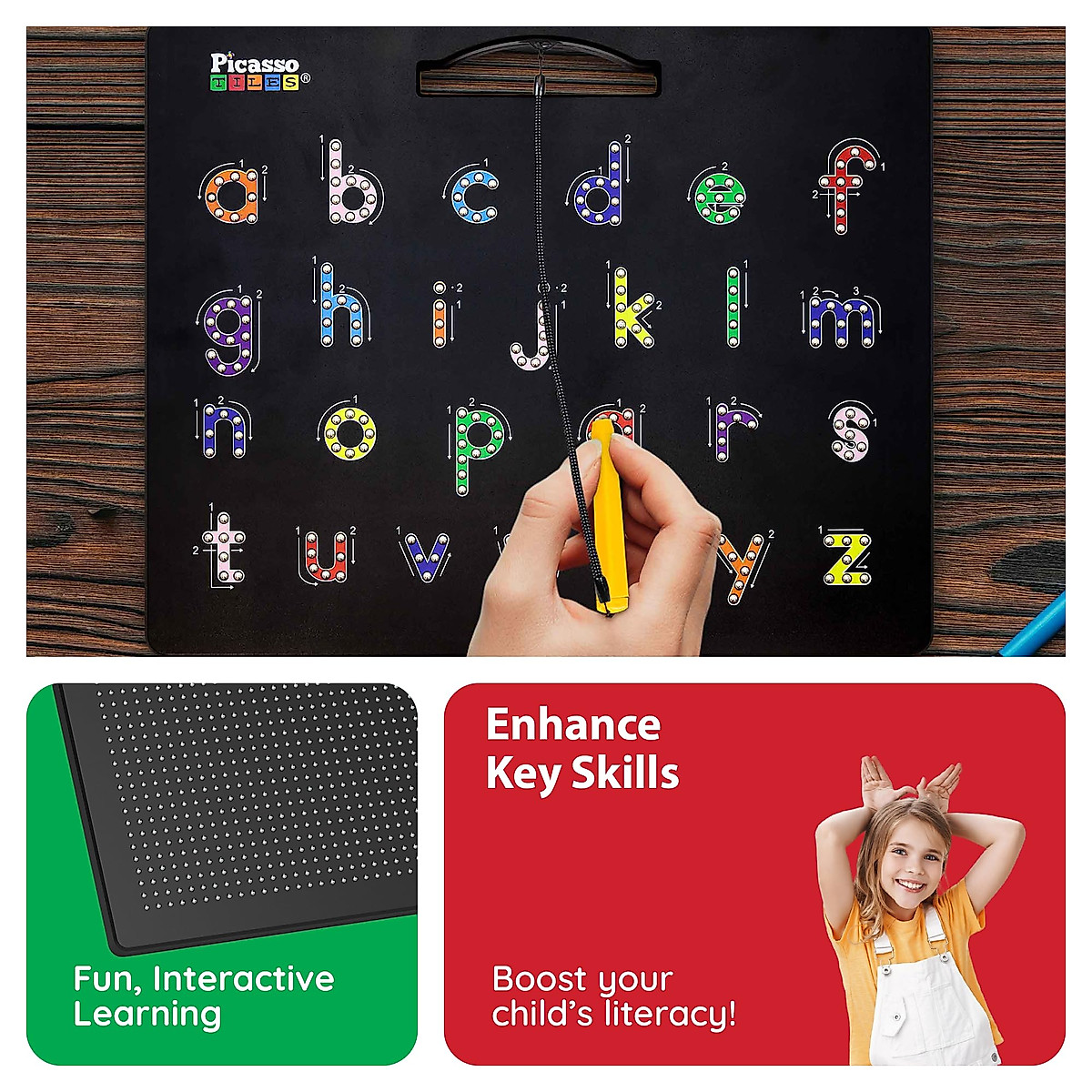 PicassoTiles 2-in-1 Magnetic Drawing Board Toy 12x10 inch Large Magnet Bead Tablet Pad with 2 Facings Alphabets STEM Educational Erasable & Reusable Learning Writing Playboard in Black PTB03