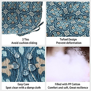 Magpie Fabrics Outdoor/Indoor Tufted Seat Cushion with Ties Set of 2, 19"x19" Waterproof Patio Chair Pads Tatami Floor Pillow for Garden Balcony Office Decor (Morgan Medal Blue)