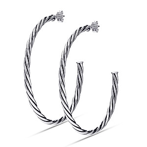 LeCalla Pure 925 Sterling Silver Twisted Diamond-Cut Open Half C Hoops Earring for Women Large Antique Sculpted Cable C Hoop Earrings for Women - 50MM