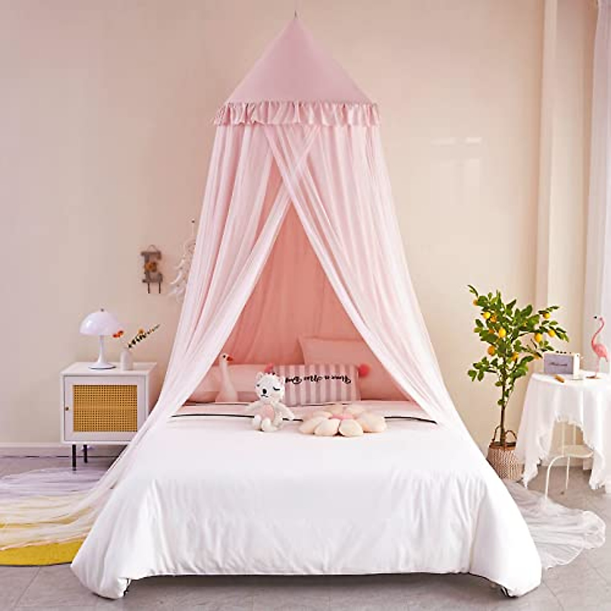 Kertnic Bed Canopy for Kids Room Double Layer Mosquito Net, Hanging Play Tent Children Reading Nook Canopies, Round Dome Princess Castle Dreamy Bedding for Girls Room House Décor (Beige Pink)