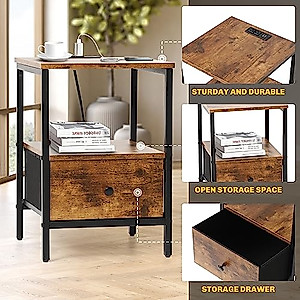 GORZING Nightstand with Charging Station, Small End Table, Narrow Side Table with Drawer, Rustic Bedside Tables for Bedroom, Living Room, Brown