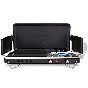 Hike Crew 2-in-1 Gas Camping Stove | Portable Propane Grill/Stove Burner w/Integrated Igniter & Stainless Steel Drip Tray | Built-in Carrying Handle, Foldable Legs & Wind Panels | Includes Regulator