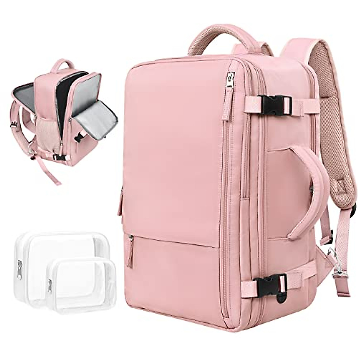 Rinlist Travel Backpack (2 Pieces Pink+Beige), Carry-on Backpack Flight-Approved for Men Women