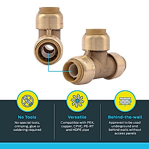 SharkBite 1/2 Inch Tee, Push to Connect Brass Plumbing Fitting, PEX Pipe, Copper, CPVC, PE-RT, HDPE, U362LFA