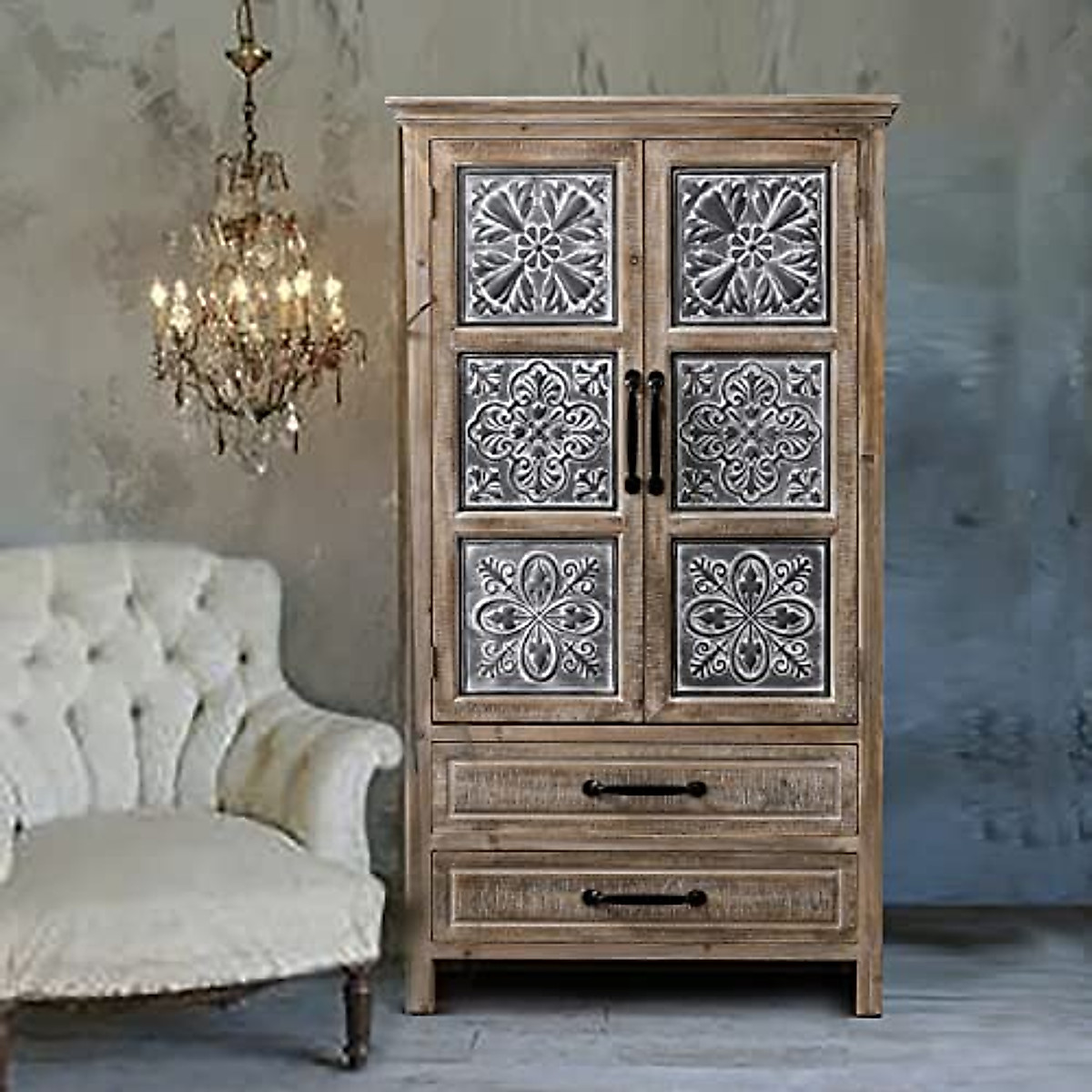 Farmhouse Wood and Metal 2-Drawer 2-Door Storage Cabinet 48.03" H X 26.77" W 15.35" D Brown Grey MDF Weathered