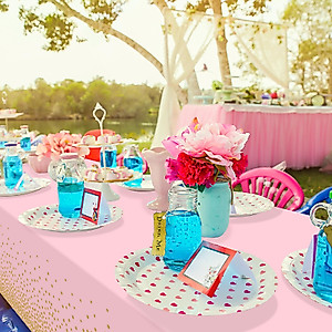 FunnyPars 4 Pack Pink and Gold Plastic Tablecloth for Parties, Disposable Table Cloth Rectangle Tables, Stamping Dot Confetti Light Birthday Wedding Baby Shower Party, 54''x108''