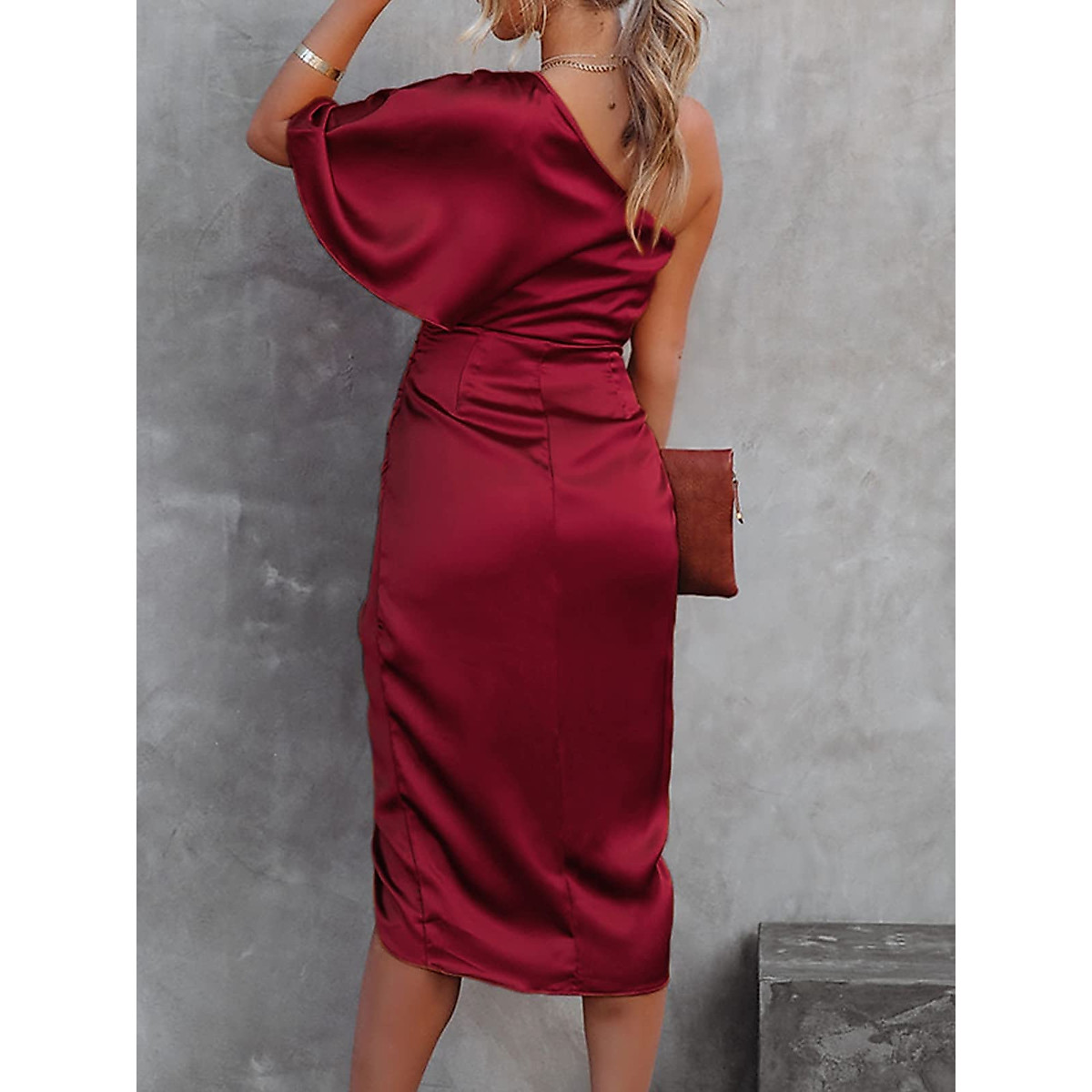 CUPSHE Women Satin Cocktail Party Dress Backless One Shoulder Flared Sleeves Tea Length Anomalistic Hem Solid Bodycon Dress with Zipper Burgundy Red M