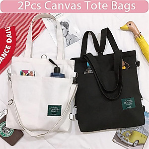 Canvas Tote Bags 2 Pcs Cute Shoulder Bags with Inner Pocket for Women, Multi-Purpose Reusable Canvas Bags Use For Grocery Bags,Shopping Bags,Gym,DIY Gift Bags