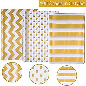 MIAHART 100 Pcs Gold White Tissue Paper Bulk 3 Style Decorative Metallic Wrapping Paper for Gift Bags Birthday Christmas Party Decoration, DIY Arts Crafts Gold Dot Wave Design Patterned(100 Sheet)