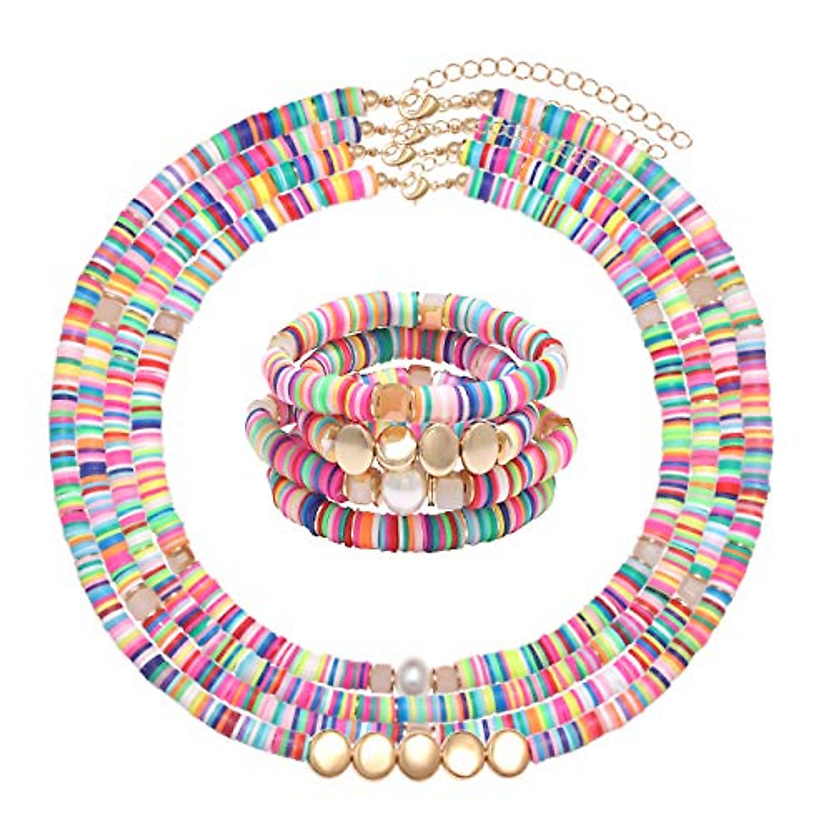 ARATLENCH Heishi Surfer Necklaces Bracelets –Colorful Vinyl Disc Beads Love Necklace Boho Rainbow Stack Stretch Friendship Bracelet Necklaces Set for Women
