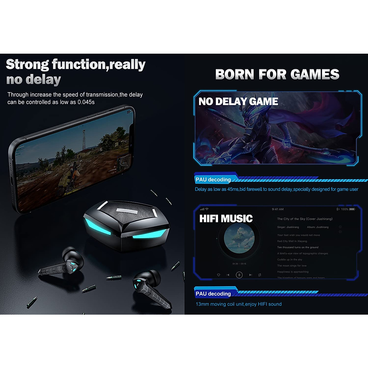 SGNICS Bluetooth 5.2 Wireless Earbuds Gaming Headphones for Microsoft Surface Duo, Low Latency with Cool Lights, True Wireless Gaming Headset Music/Gaming Mode - Black