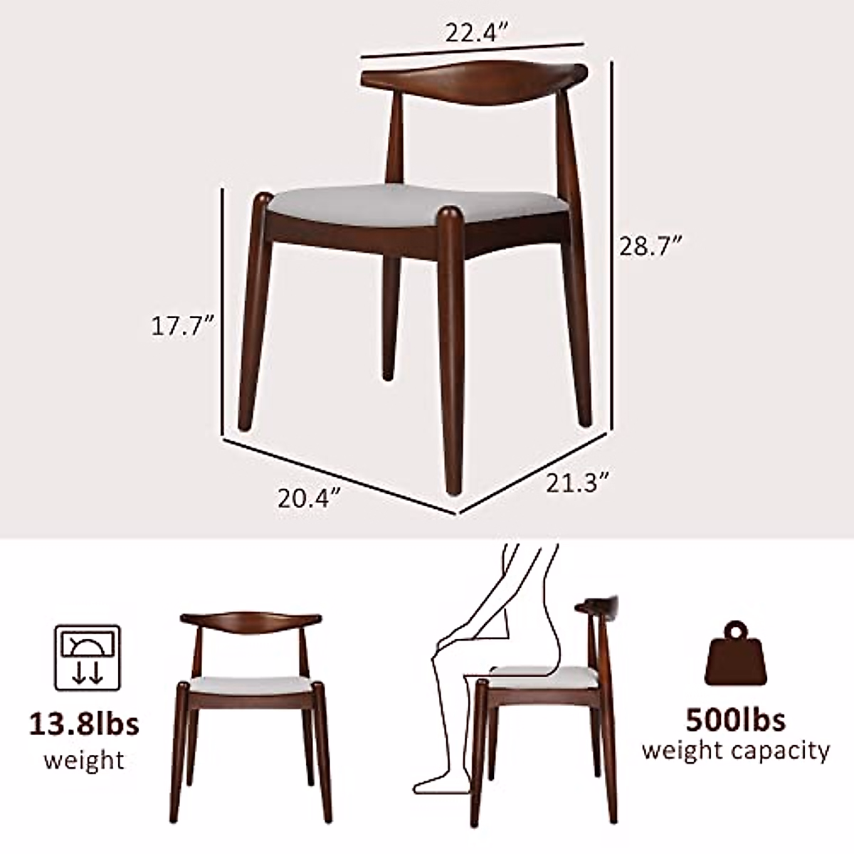 Koreyosh Mid-Century Side Modern Dining Chairs with Faux Leather Seat & Curved Backrest Low-Back Chair with Walnut Finish Dining Chairs in Light Grey/Walnut, Set of 4