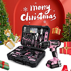 WORKPRO 20V Pink Cordless Drill Driver and Home Tool Set, 141PCS Hand Tool Kit for DIY, Home Maintenance, 2.0 Ah Li-ion Battery, 1 Hour Fast Charger, and Tool Box Included - Pink Ribbon