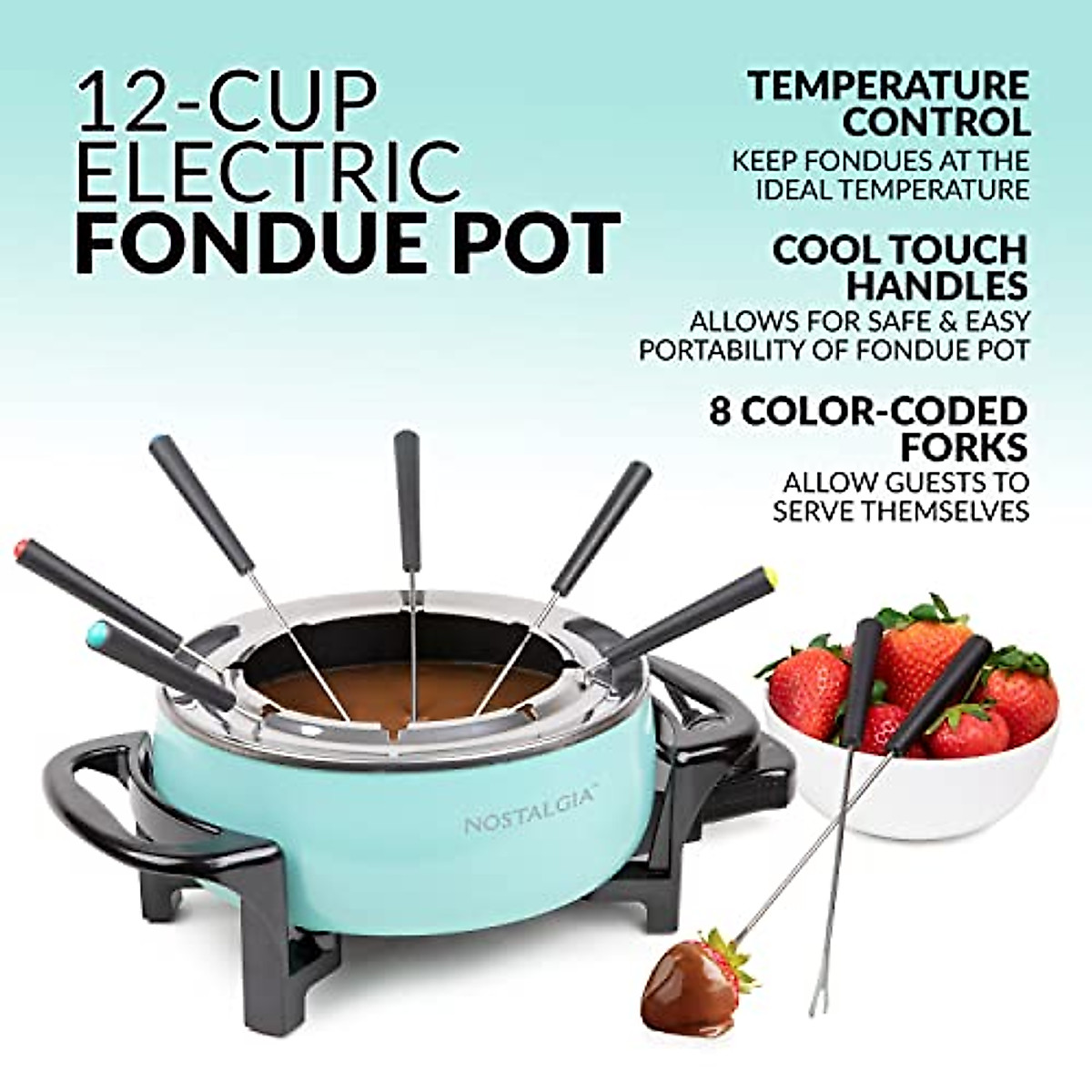 Nostalgia Electric Fondue Pot, 12-Cup, Fondue Machine with Temperature Control, 8 Forks, Cool-Touch Handles, Perfect for Chocolate Melting, Cheese, Caramel, Aqua