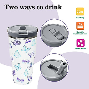 Hachishun Butterfly Tumbler with Handle,Stainless Steel Vacuum Insulated Flip Straw 20oz Butterfly Tumbler Spill Proof Coffee Travel Mug Butterfly Gifts