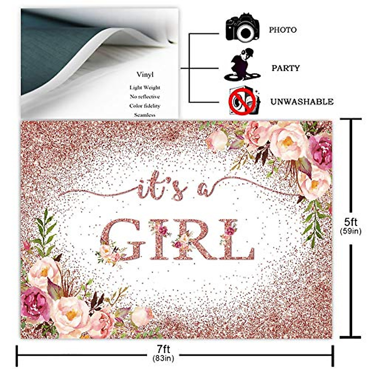 Avezano Rose Gold Baby Shower Backdrop for Girls Party Blush Pink Floral It's a Girl Baby Shower Photography Background Rose Gold Glitters Confetti Decoration Photoshoot Events Banner (7x5ft)