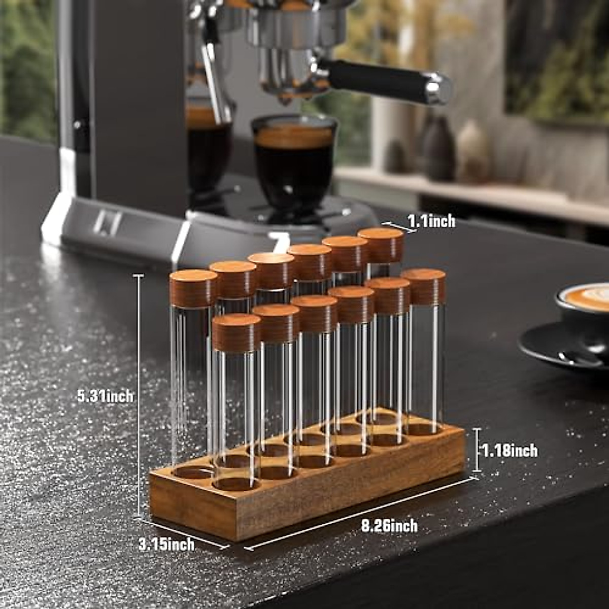 Coffee Bean Cellars with Stand & Hopper, Single Dose Coffee Bean Storage, 12 Pcs Espresso Bean Container with Wooden Holder, Dosing Glass Vials with Lids and Funnel for Tea, Coffee, Spices