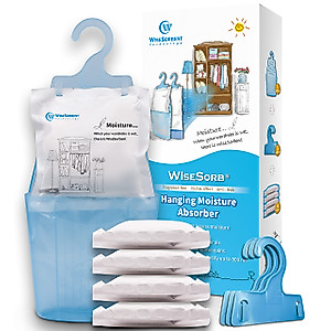 Wisesorb Moisture Absorber Packets with Plastic Case & Hook, Odor Eliminator, Leak Proof, Fragrance Free, Humidity Packs, Hanging Closet Dehumidifier Bags, Moisture Absorber (4 Packs)