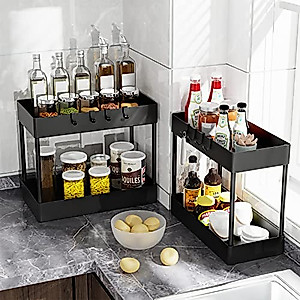 Wekin Under Sink Organizers & Storage 2 PCS, 2 Tier Under Cabinet Basket Organizer for Kitchen Bathroom, 2 Size Multi-Usage Storage Shelf with Hooks, Under the Sink Standing Stackable Rack for Bath