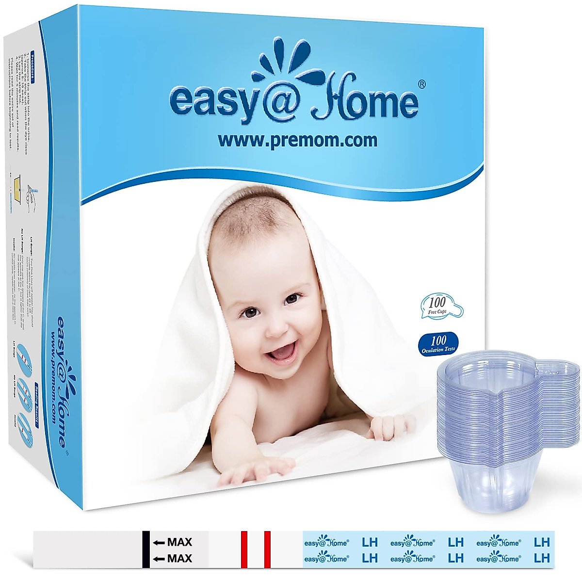 Easy@Home Ovulation Test Strips, 100 Pack Fertility Tests, Ovulation Predictor Kit, FSA Eligible, Powered by Premom Ovulation Predictor iOS and Android App, 100LH+100 Urine Cups