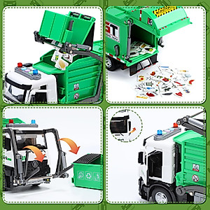 HOLYFUN Garbage Truck Toys Trash Truck with Sound and Light, Friction Powered Truck with 5 Garbage Cans, Push and Go Pull Back Car, for Boys