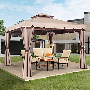 GARTOO 10'x13' Outdoor Patio Gazebo - Aluminum Frame Porch Gazebo with Polyester Roof & Zipper Curtains, Best for Garden, Lawn, Backyard Deck