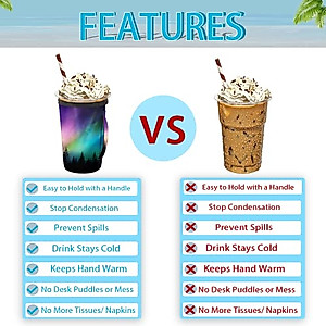 Reusable Iced Coffee Sleeve with Handle Northern lights aurora Insulator Neoprene Cup Sleeve for Cold Drinks Beverages, Men Women Beverages Sleeve Coffee Sleeve Holder 30-32oz