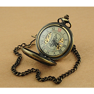 VIGOROSO Men's Hand-Wind Mechanical Pocket Watch Vintage Steampunk Wood Grain Hollow Design with Chain and Box