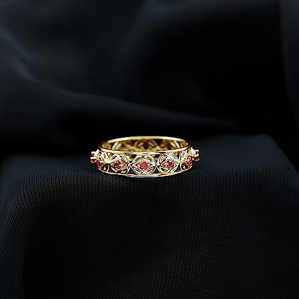 Rosec Jewels Vintage Inspired Lab Grown Ruby Eternity Band, Celtic Knot Design (AAAA Quality Certified Ruby) - Wedding Anniversary Band Ring, 14K Yellow Gold, Size:US 5.00