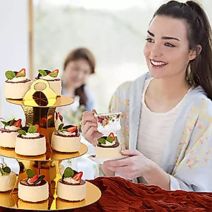 3-Tiered Cardboard Cupcake Stand,Golden Cupcake Stands, Party Cake Stand Tray, Easy Assemble Dessert Holder Paper Cupcake Stands for Party, Wedding, Afternoon Tea, Birthday (Set of 3)