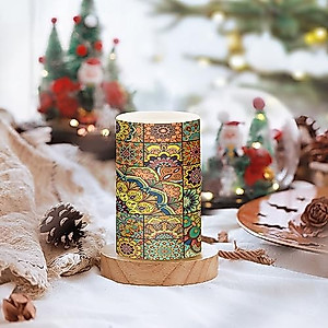 JULYTO Flameless Candles with Remote and Timer Boho Tile Abstract Patchwork Battery Operated Candles Set of 2 Beautiful Flower Flickering Pillar Led Fake Candles for Halloween Christmas Wedding Decor