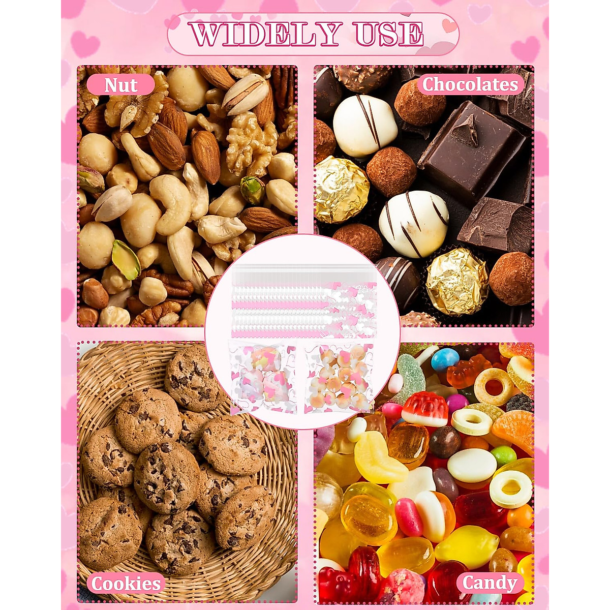 RAYNAG 200 Pcs Resealable Cellophane Bags Self Adhesive Cookie Cello Bags Lovely Heart-shaped Printed Poly Candy Bags for Dessert, Party Treats, Bakery, Candle, Soap, 3.74"x2.75"