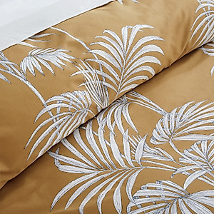 Eikei Midnight Blue Botanical Print Duvet Quilt Cover Egyptian Cotton Bedding Set Modern Luxury Minimal Palm Leaf Dark Charcoal Navy Ocher Floral Watercolor Design (Mustard Yellow, King)